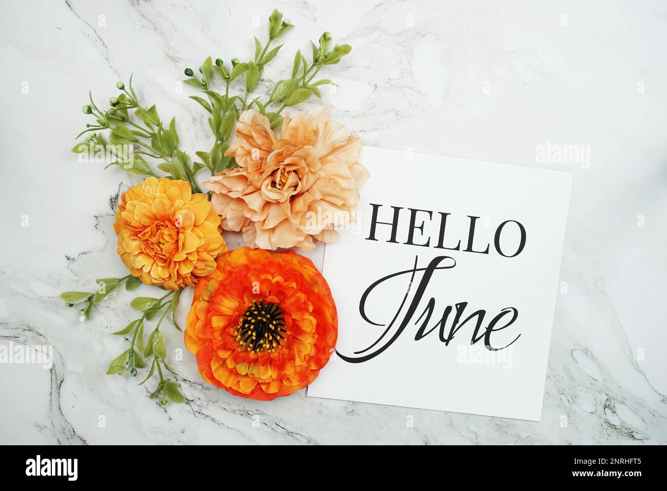 Hello June text with orange flower bouquet on marble background Stock ...