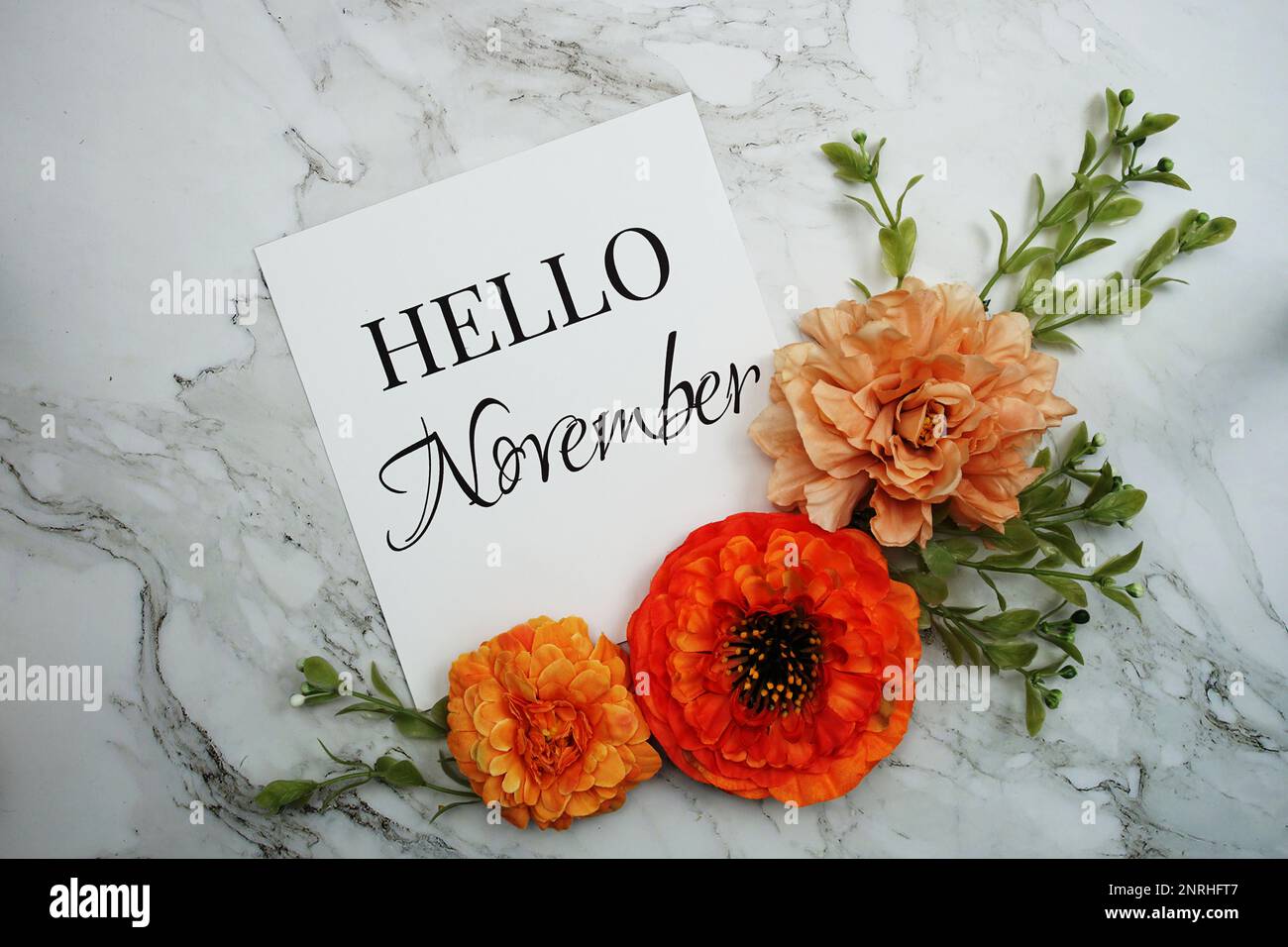 Hello November text with orange flower bouquet on marble background ...