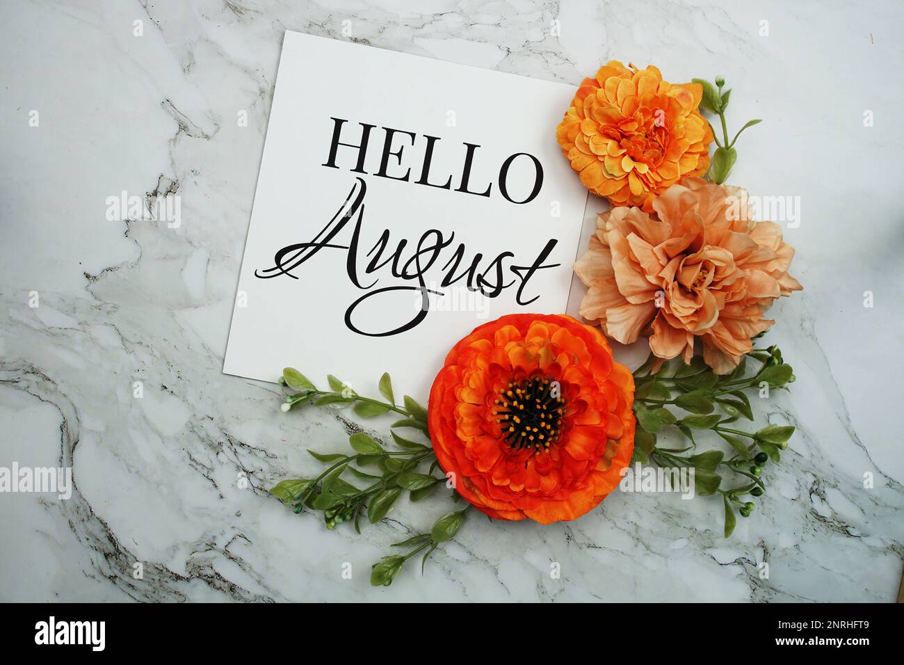 Hello August text with orange flower bouquet on marble background Stock ...