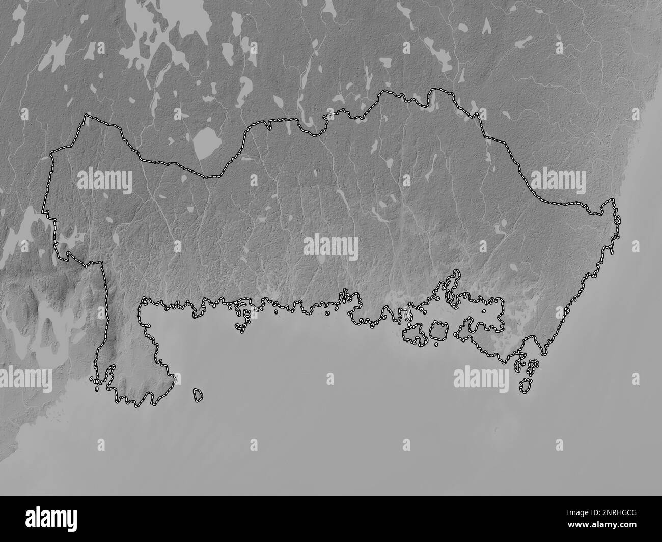 Blekinge, county of Sweden. Grayscale elevation map with lakes and ...