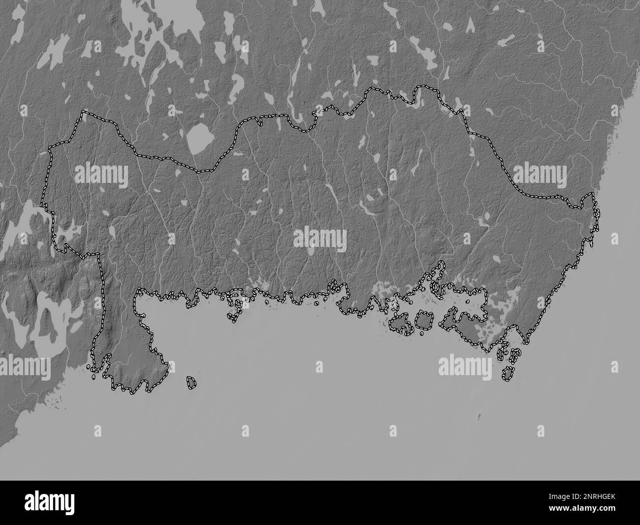 Blekinge, county of Sweden. Bilevel elevation map with lakes and rivers ...