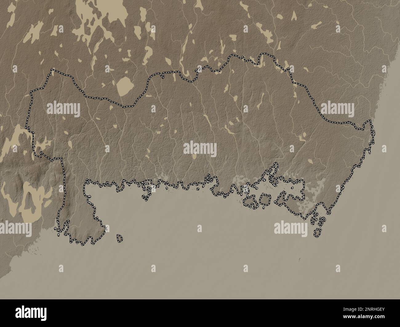Blekinge, county of Sweden. Elevation map colored in sepia tones with ...