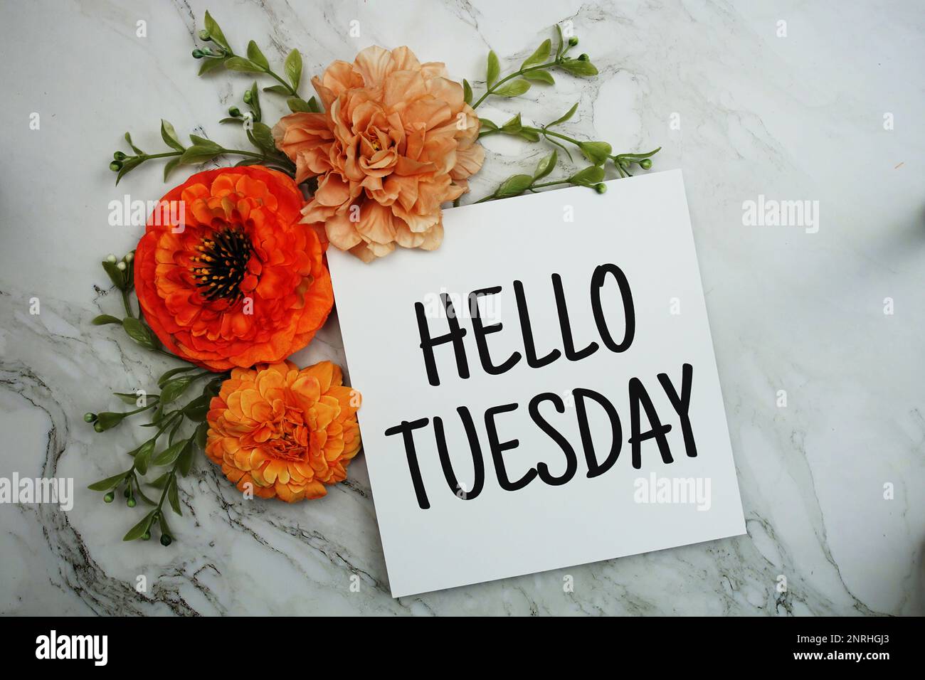 Hello Tuesday text with orange flower bouquet on marble background ...