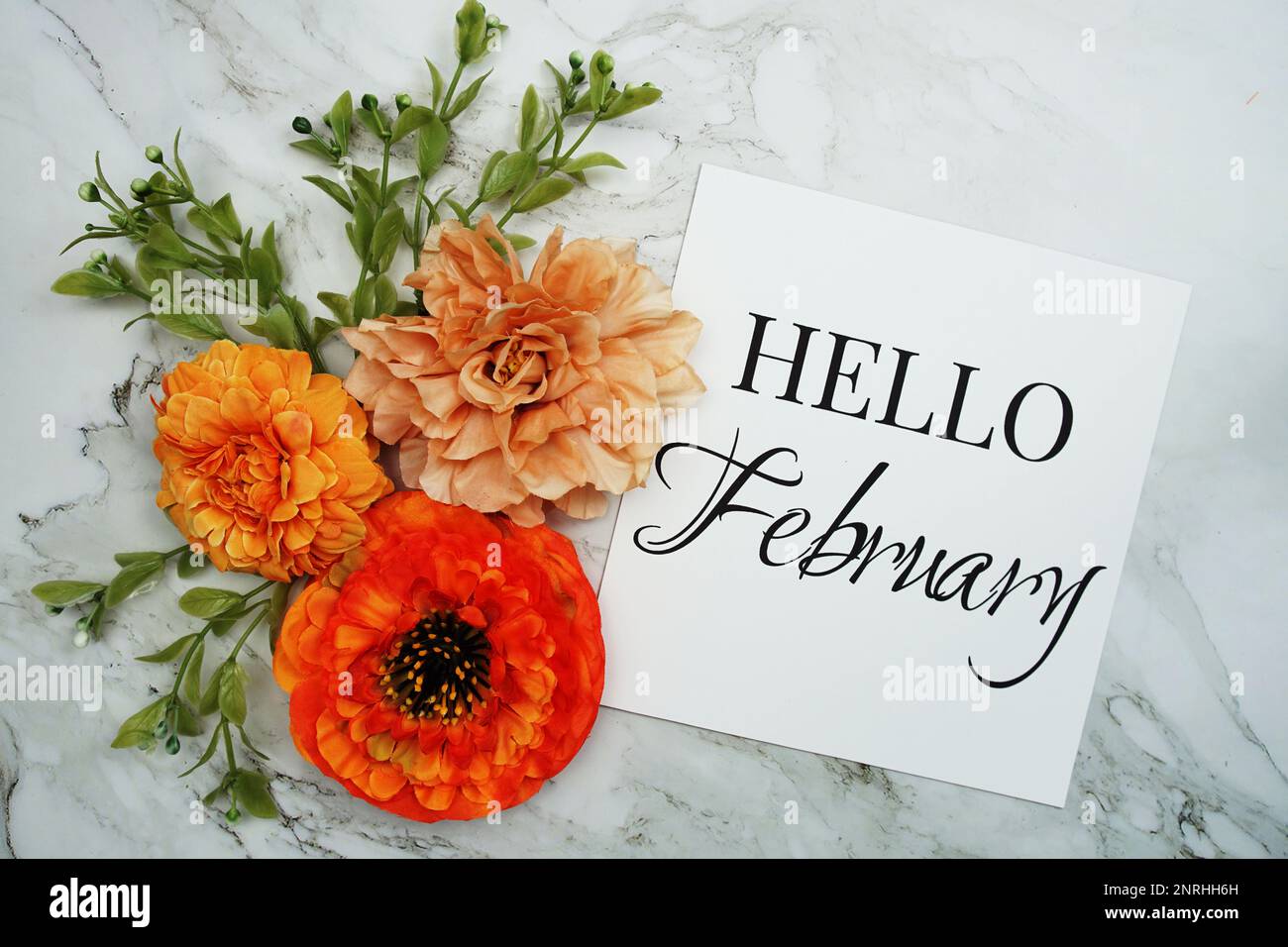 Hello February text with orange flower bouquet on marble background ...