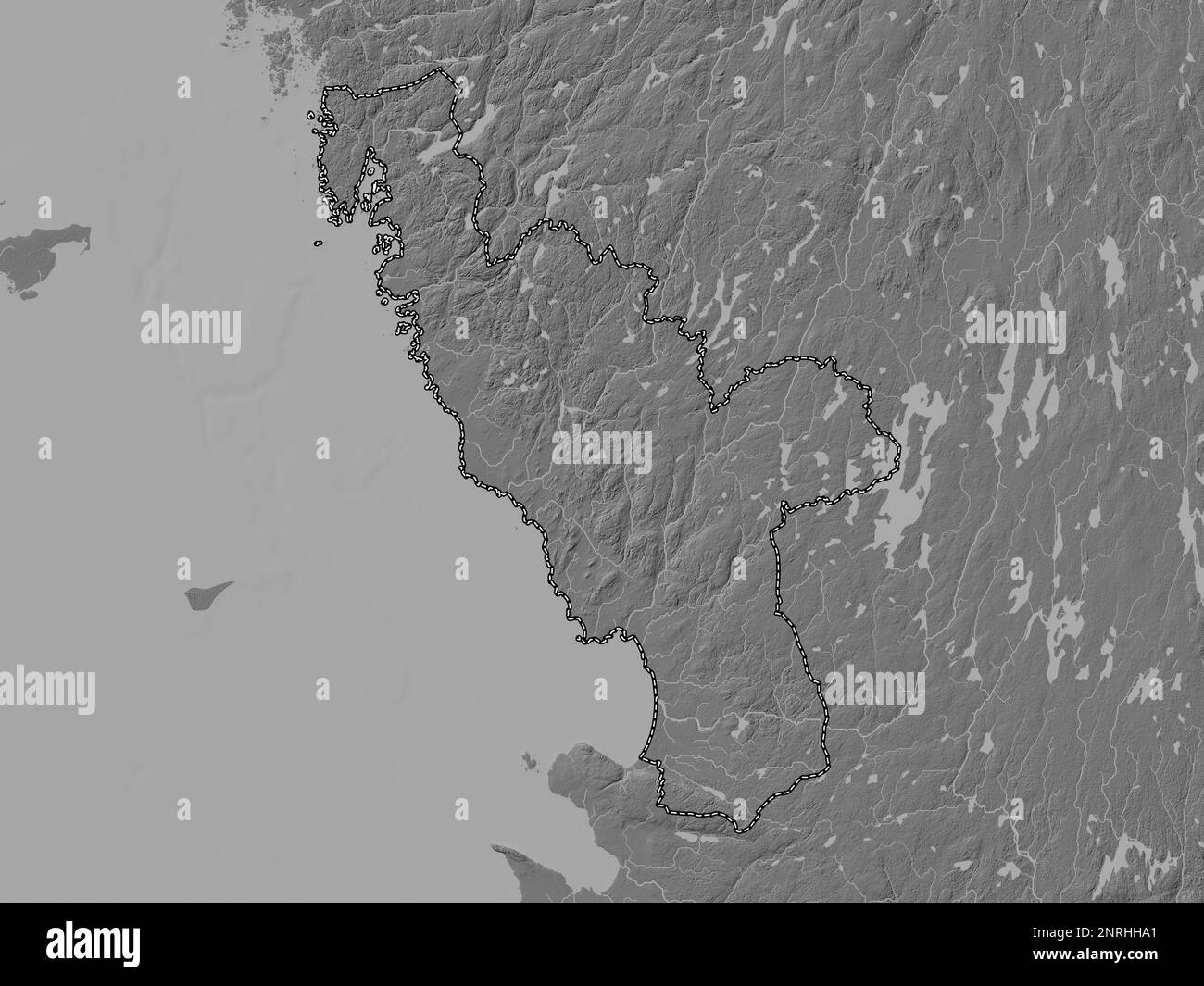 Halland, county of Sweden. Bilevel elevation map with lakes and rivers ...