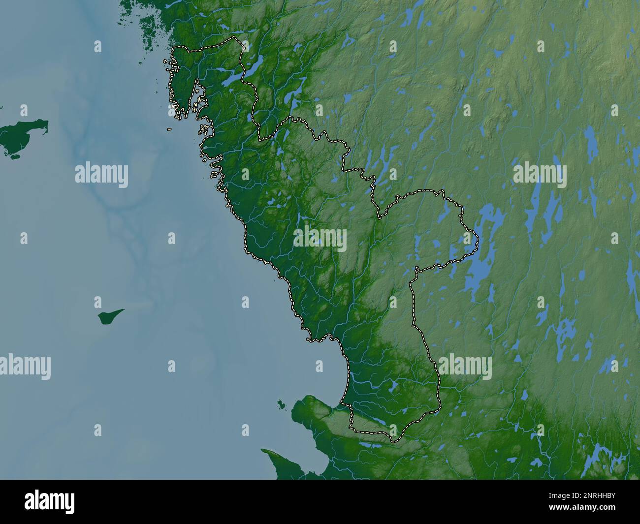 Halland, county of Sweden. Colored elevation map with lakes and rivers ...