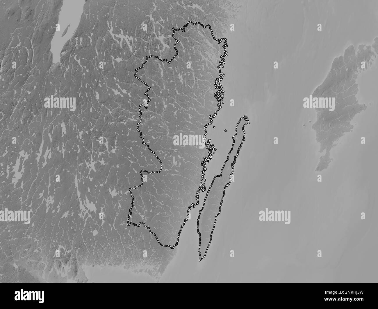 Kalmar, county of Sweden. Grayscale elevation map with lakes and rivers ...