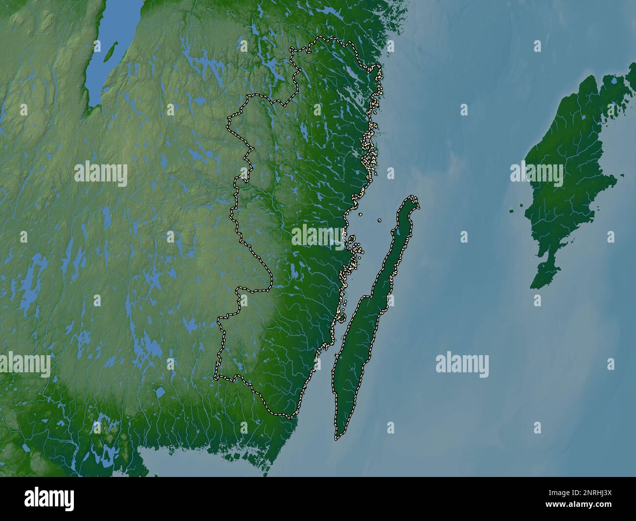 Kalmar, county of Sweden. Colored elevation map with lakes and rivers ...