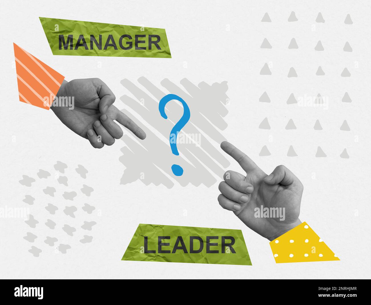 Creative collage with hands about leader vs manager Stock Photo - Alamy