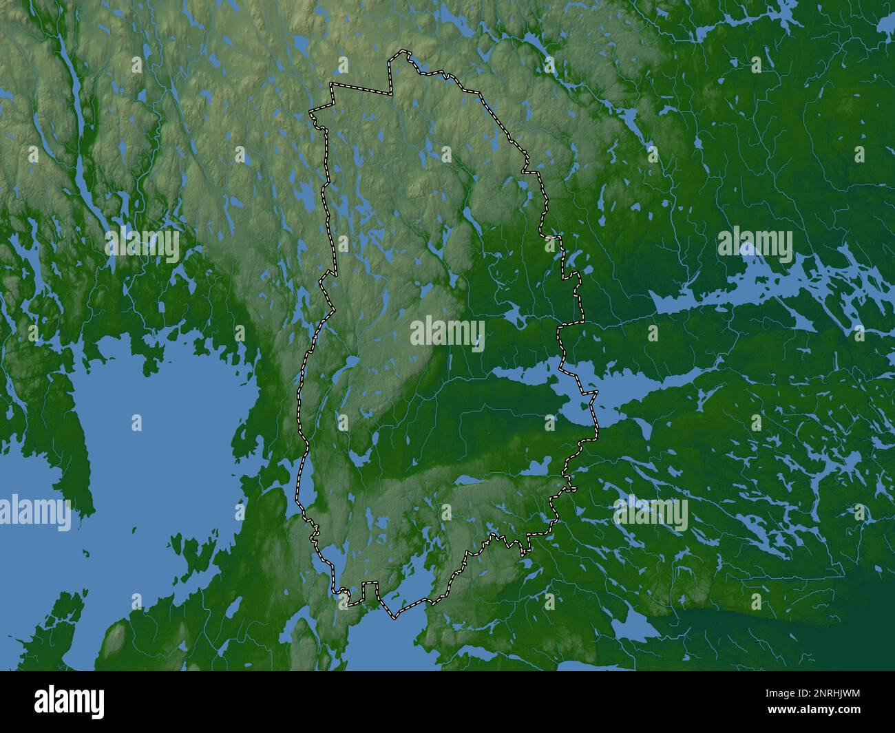 Orebro, county of Sweden. Colored elevation map with lakes and rivers ...