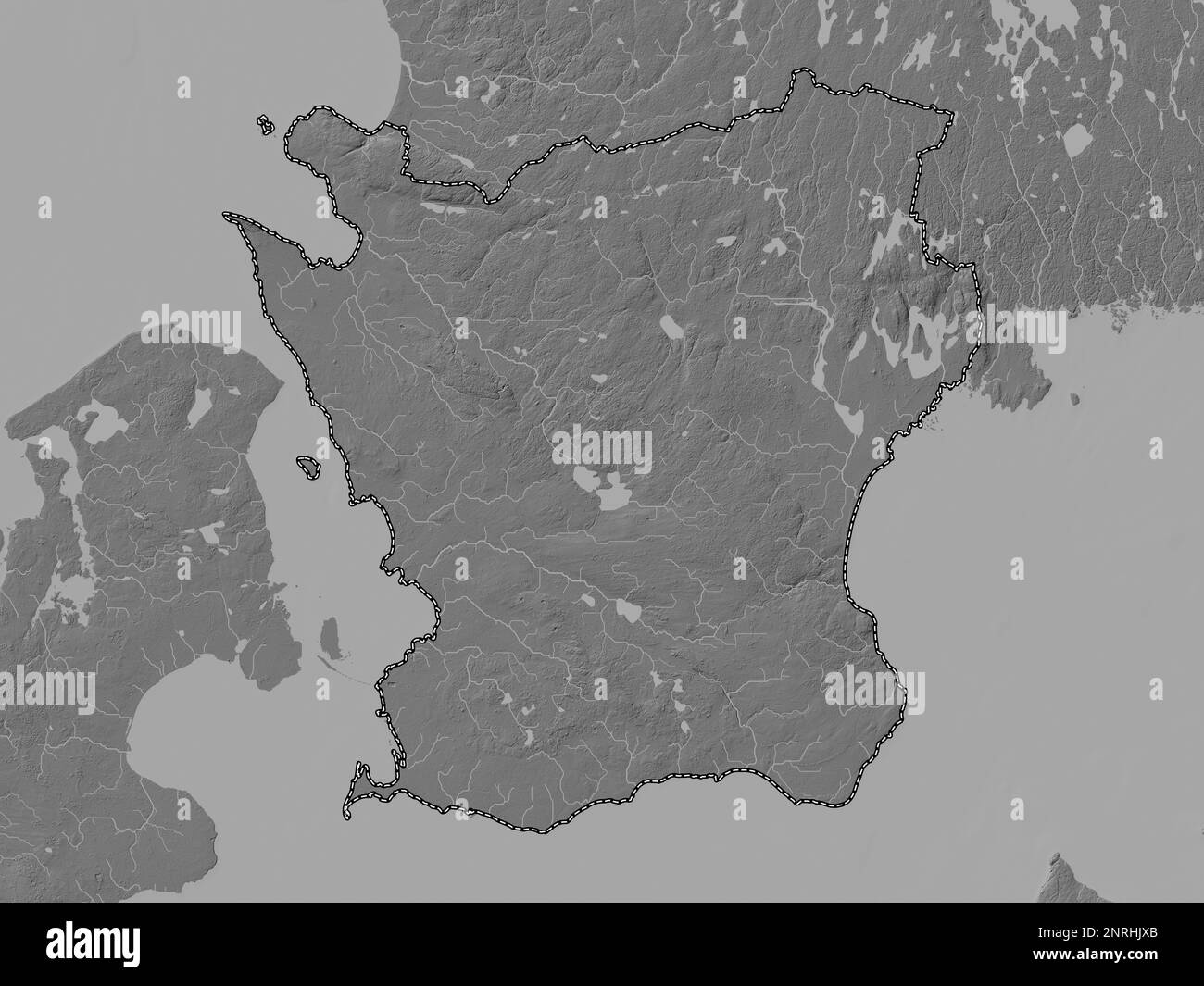 Skane, county of Sweden. Bilevel elevation map with lakes and rivers ...