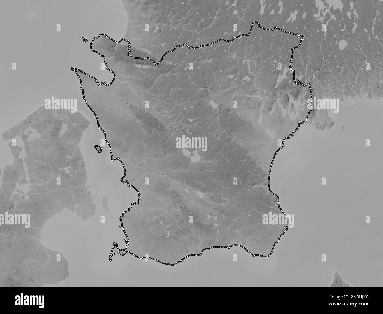 Skane, county of Sweden. Grayscale elevation map with lakes and rivers ...