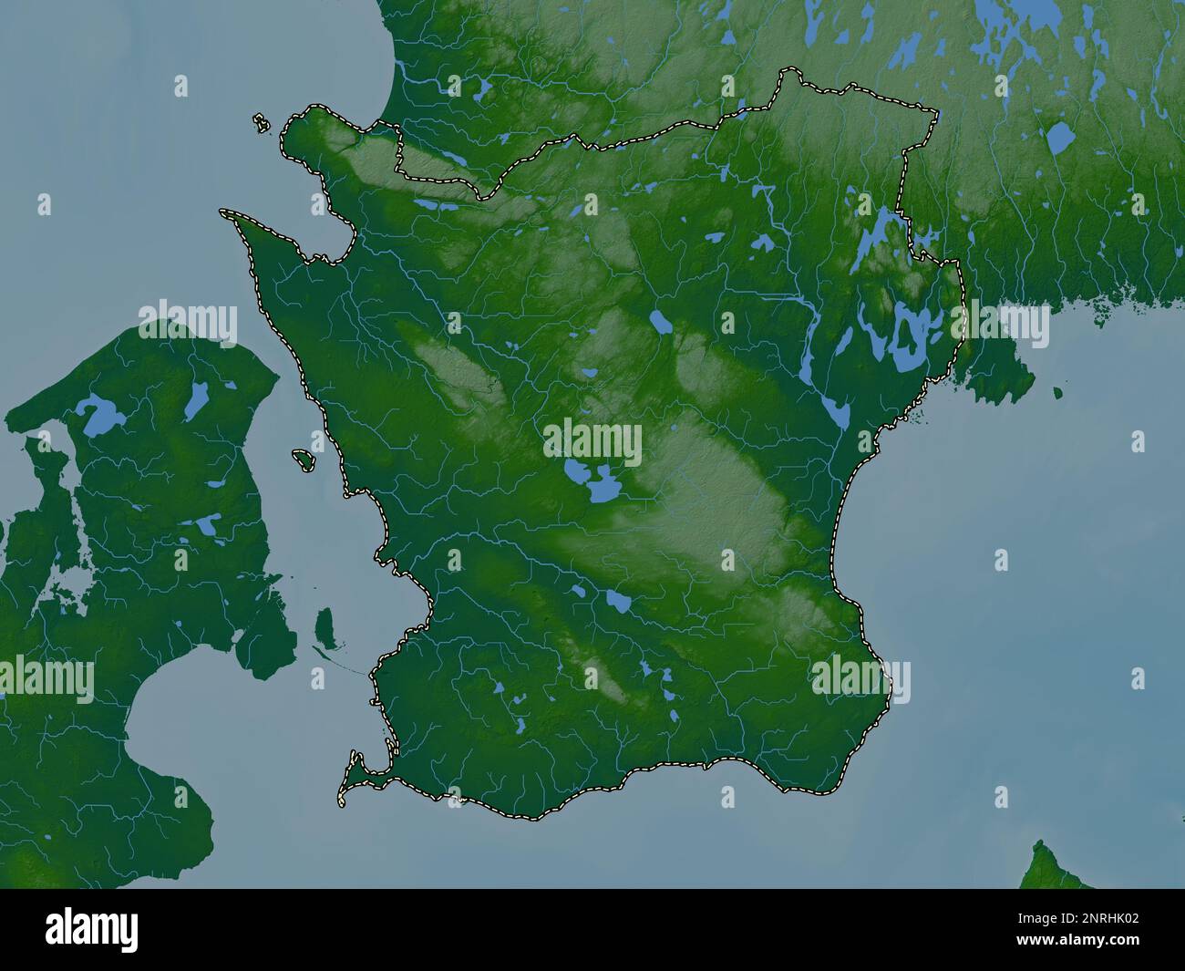 Skane, county of Sweden. Colored elevation map with lakes and rivers ...