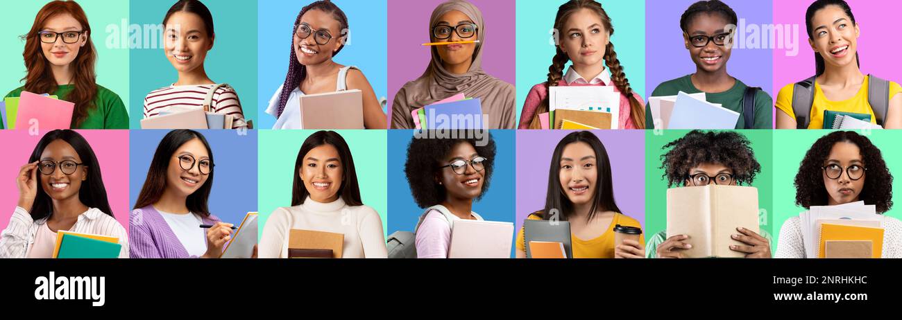 Portrait of diverse multiethnic female students wearing backpacks ...