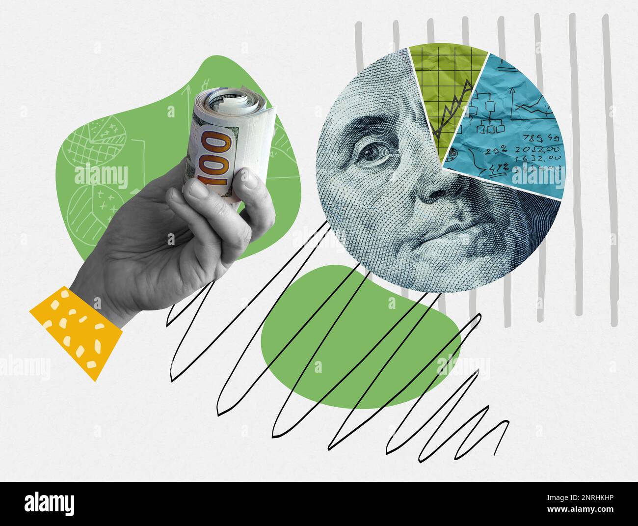 Contemporary art collage with hand holds dollars and financial chart ...
