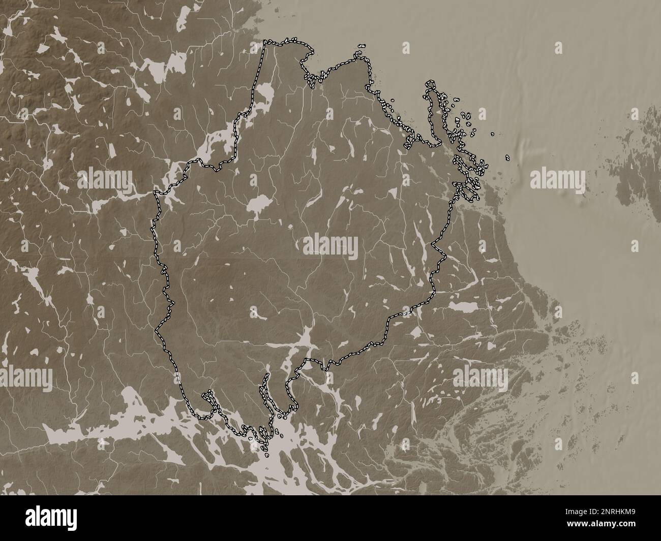Uppsala, county of Sweden. Elevation map colored in sepia tones with ...