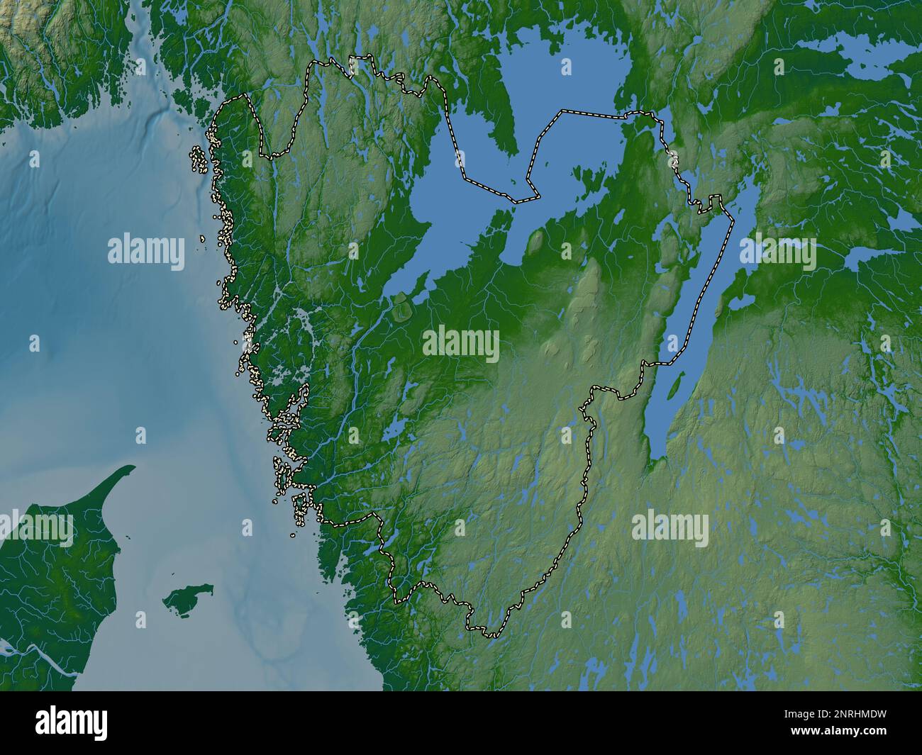 Vastra Gotaland, county of Sweden. Colored elevation map with lakes and ...