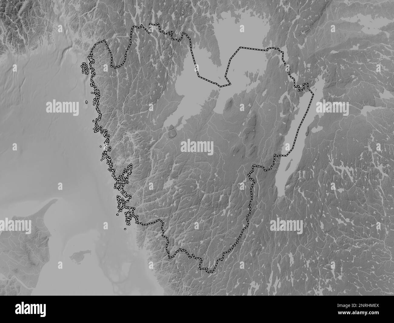 Vastra Gotaland, county of Sweden. Grayscale elevation map with lakes ...