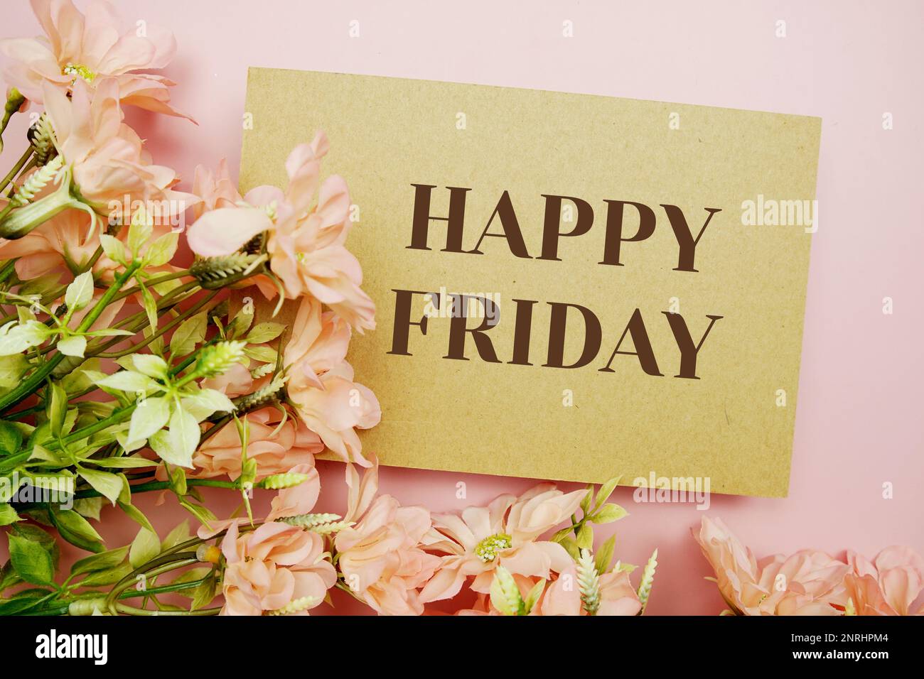 Happy Friday typography text with flowers on pink background Stock ...