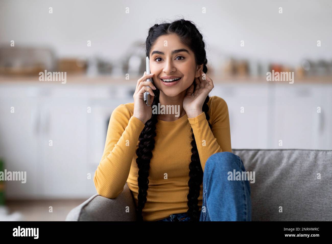 Mobile Call. Smiling Young Indian Woman Talking On Cellphone At Home ...