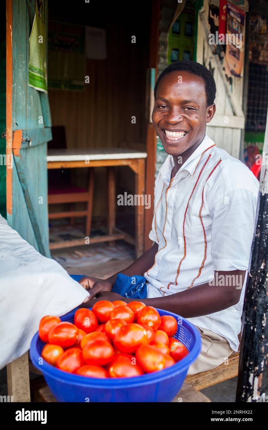 Vendor, Greengrocery, in the fishing village of Kolunga, Rusinga Island ...