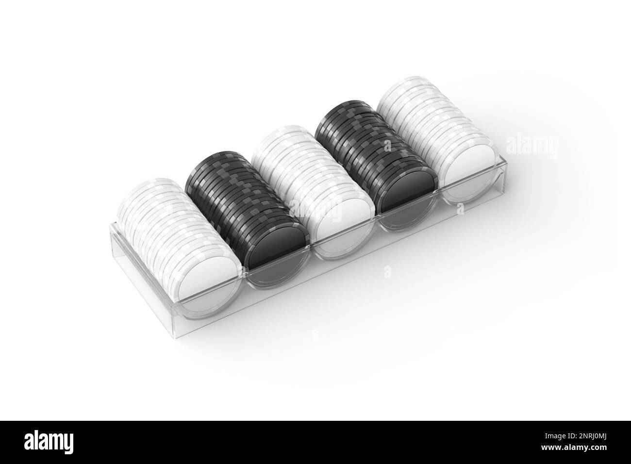 Blank black and white plastic chip stack in tray mockup, 3d rendering ...