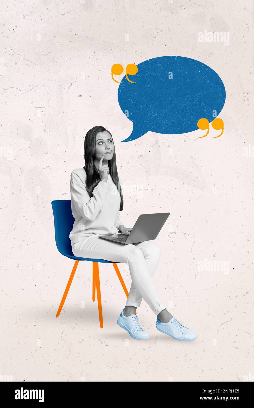 Photo poster of smart minded girl brainstorming creative ideas phrase chatterbox deep think ...