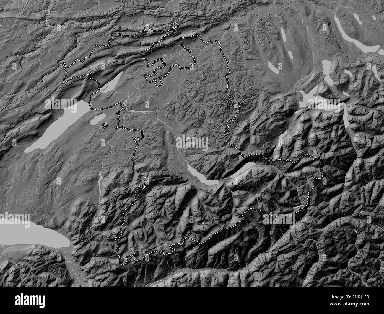 Bern, canton of Switzerland. Grayscale elevation map with lakes and ...