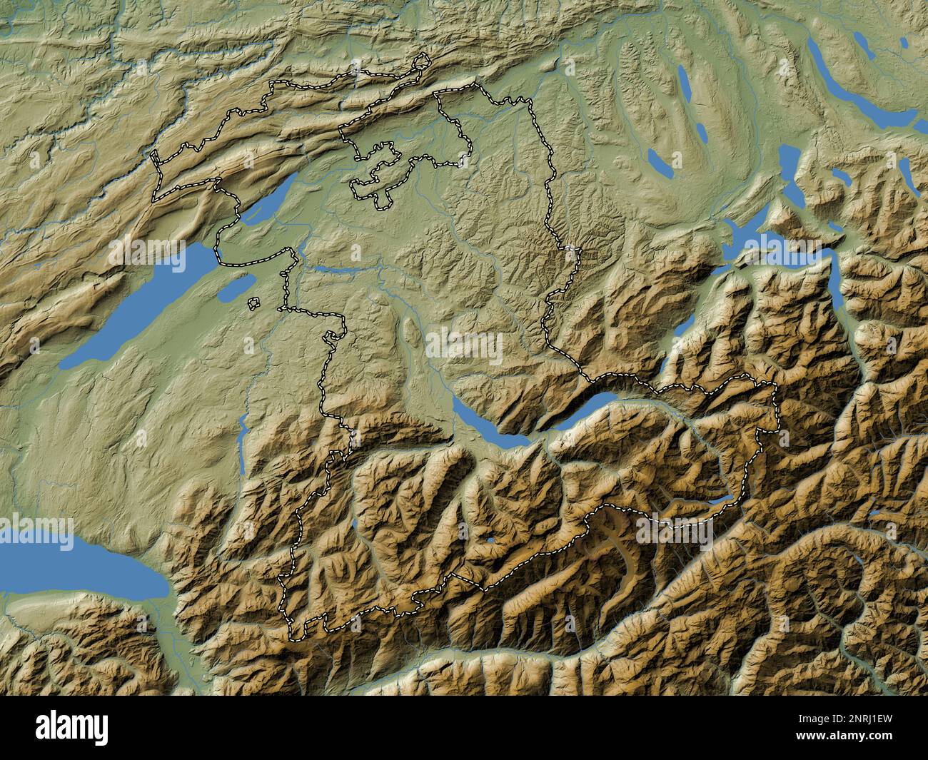 Bern, canton of Switzerland. Colored elevation map with lakes and ...