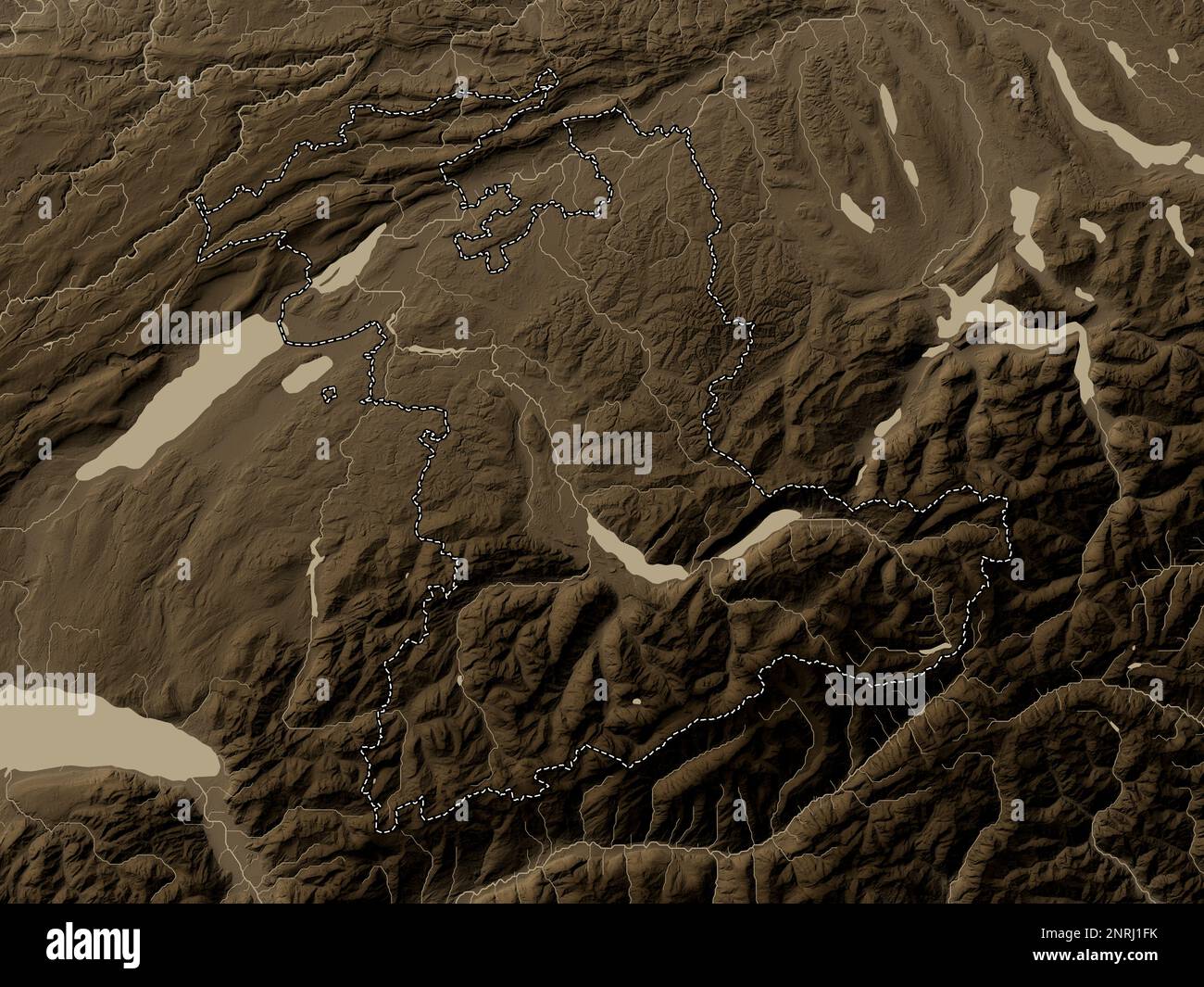 Bern, canton of Switzerland. Elevation map colored in sepia tones with ...