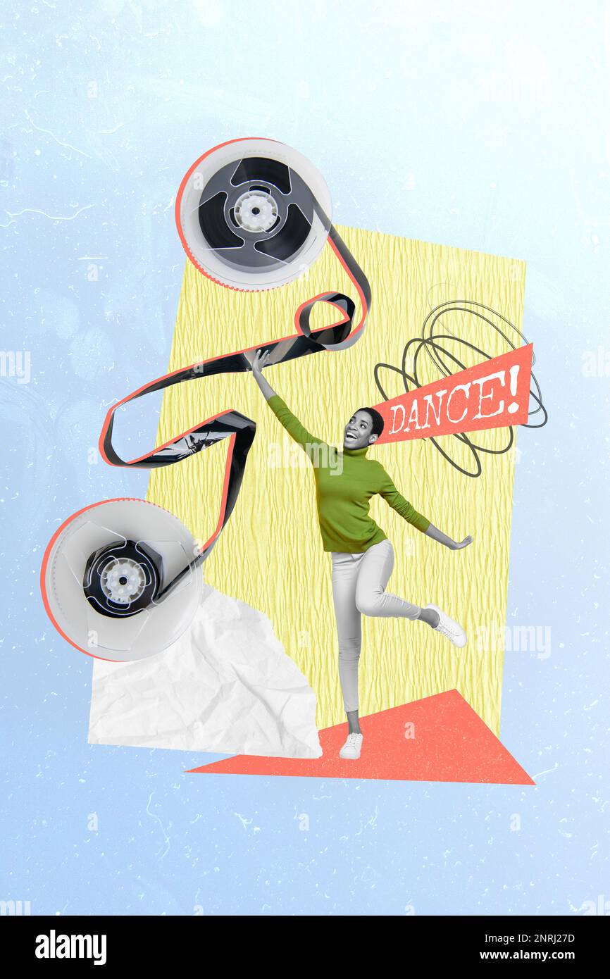 Collage photo of young hipster lady dancing have fun listen music ...