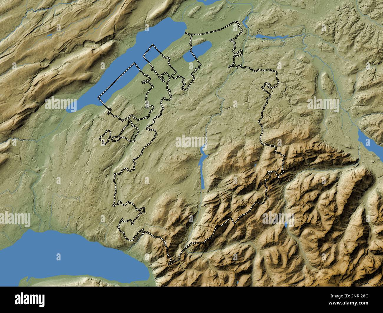 Fribourg, canton of Switzerland. Colored elevation map with lakes and ...