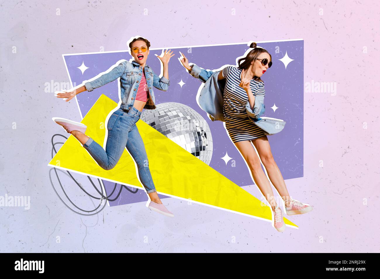 Composite collage picture of two positive girls jumping dancing good ...