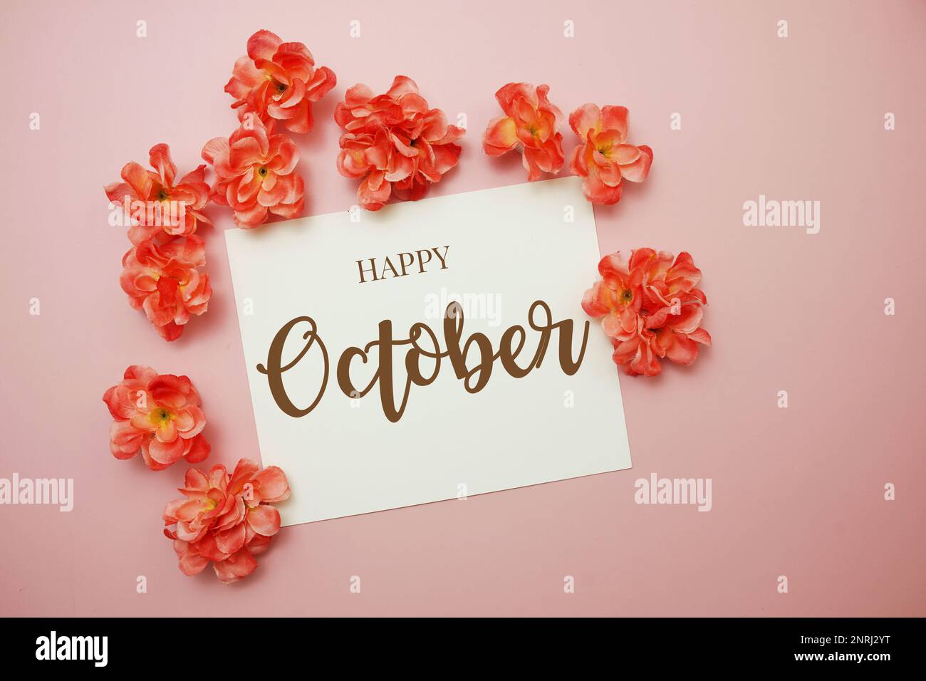 Happy October card typography text with flower bouquet on pink ...