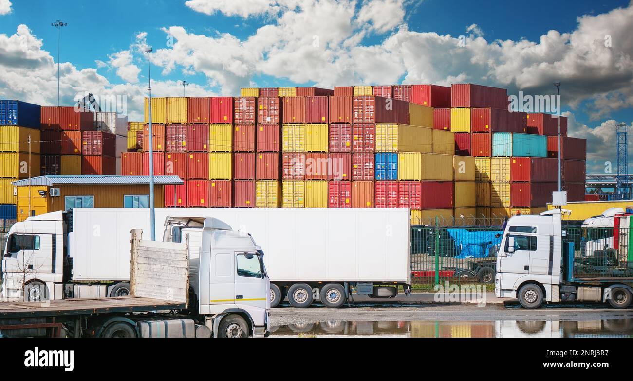 Many containers in port for import and export. Freight transportation ...