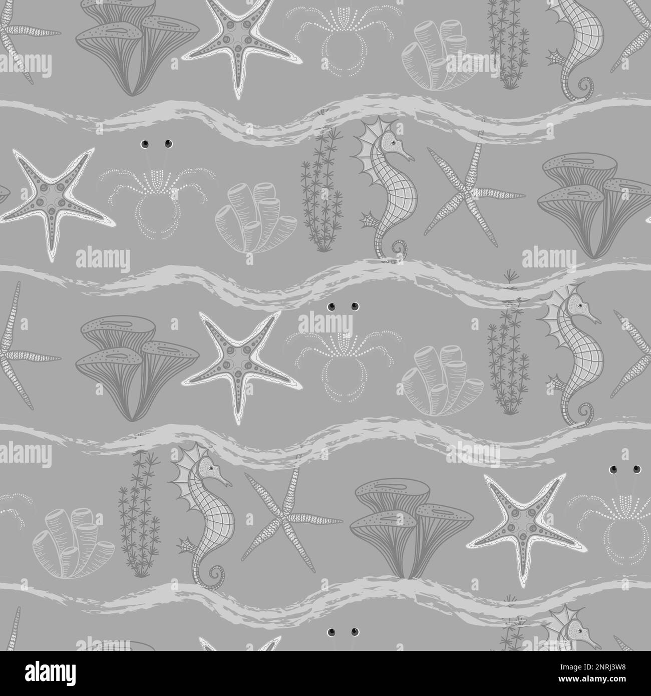 Seamless marine pattern in grey. Sea horse and shells in monochrome ...