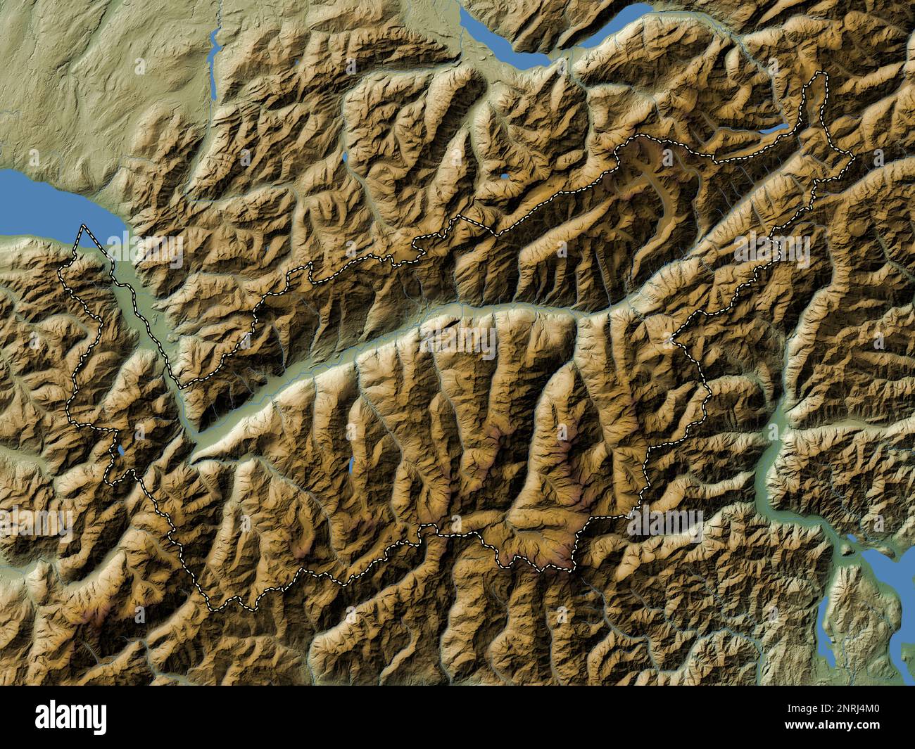 Valais, canton of Switzerland. Colored elevation map with lakes and ...