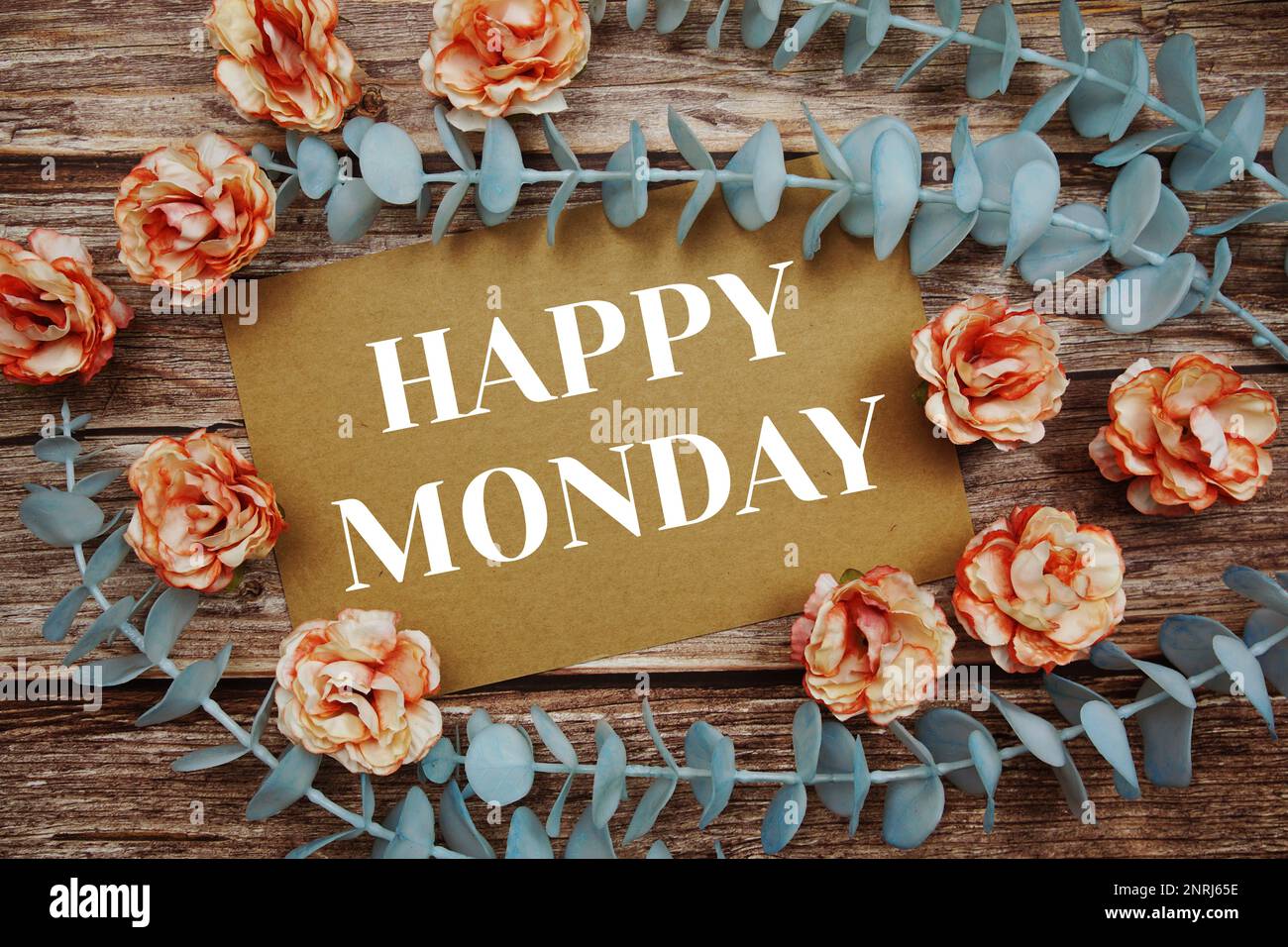 Happy Monday typography text on paper card decorate with flower on ...