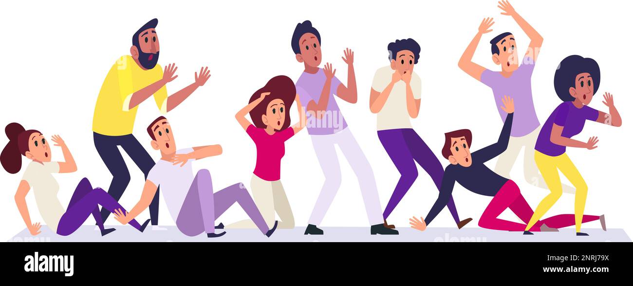 Scared people. Persons in dangerous situation people survive exact ...