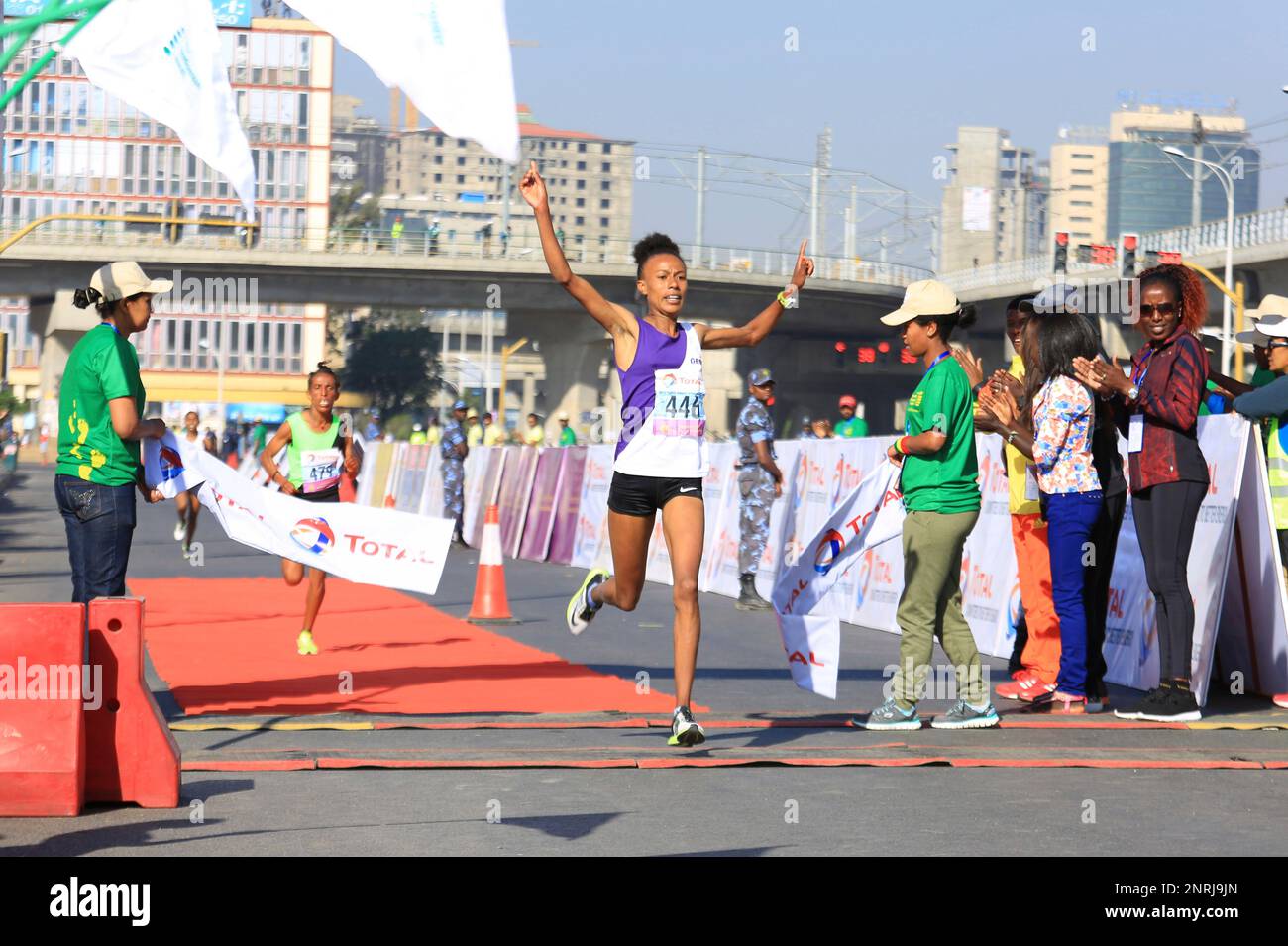 Zeineba Yimer (ETH) celebrates after winning the women's race in 32:30 ...