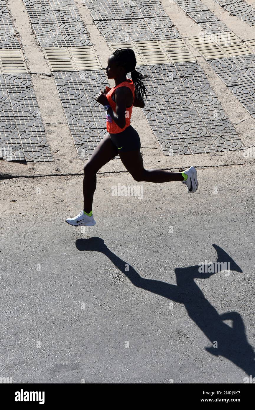 Female runner casts a silhouette shadow during the 17th Great Ethiopian ...