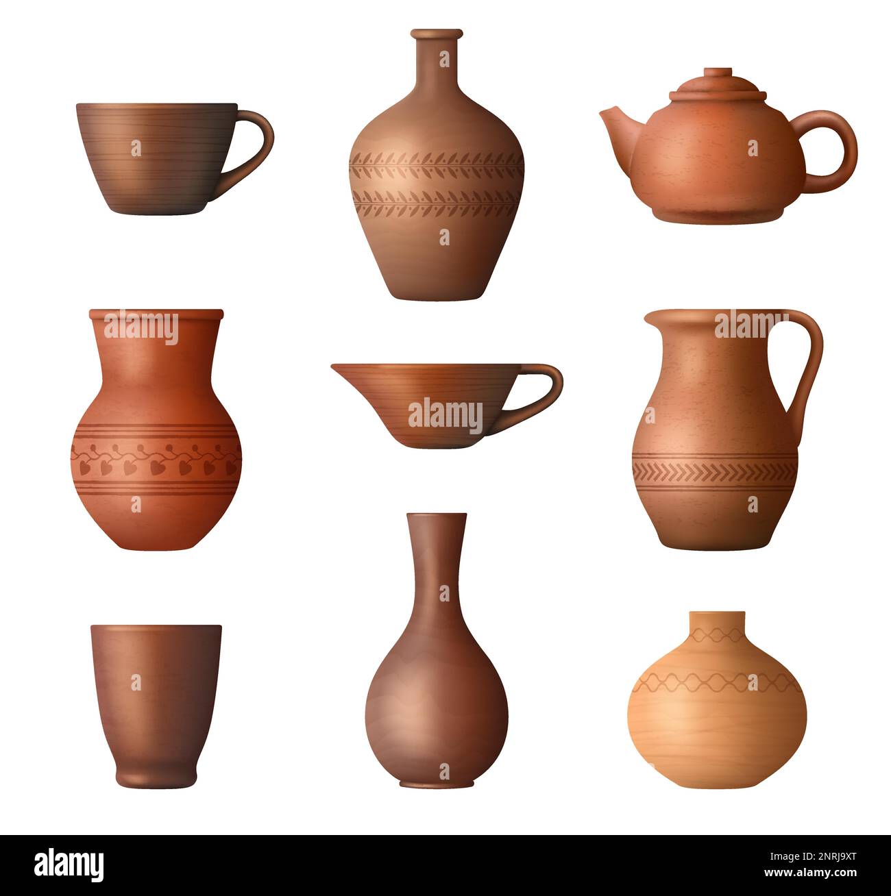 Clay utensil. Handmade kitchenware cups and kettles decent vector ...