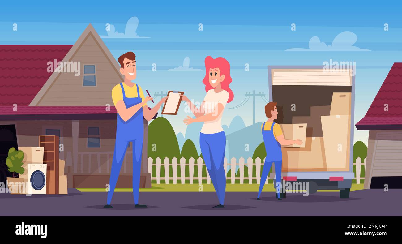 Family moving. Happy people relocated and moving home appliances ...