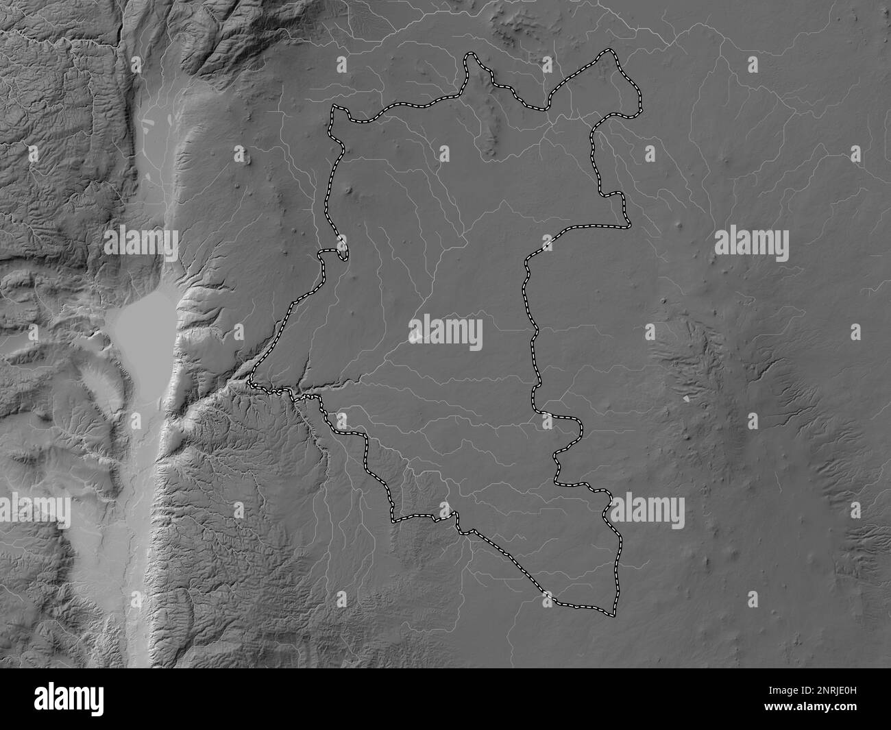Dar`a, province of Syria. Grayscale elevation map with lakes and rivers ...