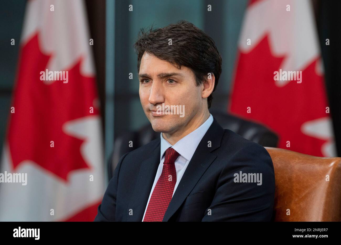 Prime Minister Justin Trudeau is seen during a photo op in his office ...