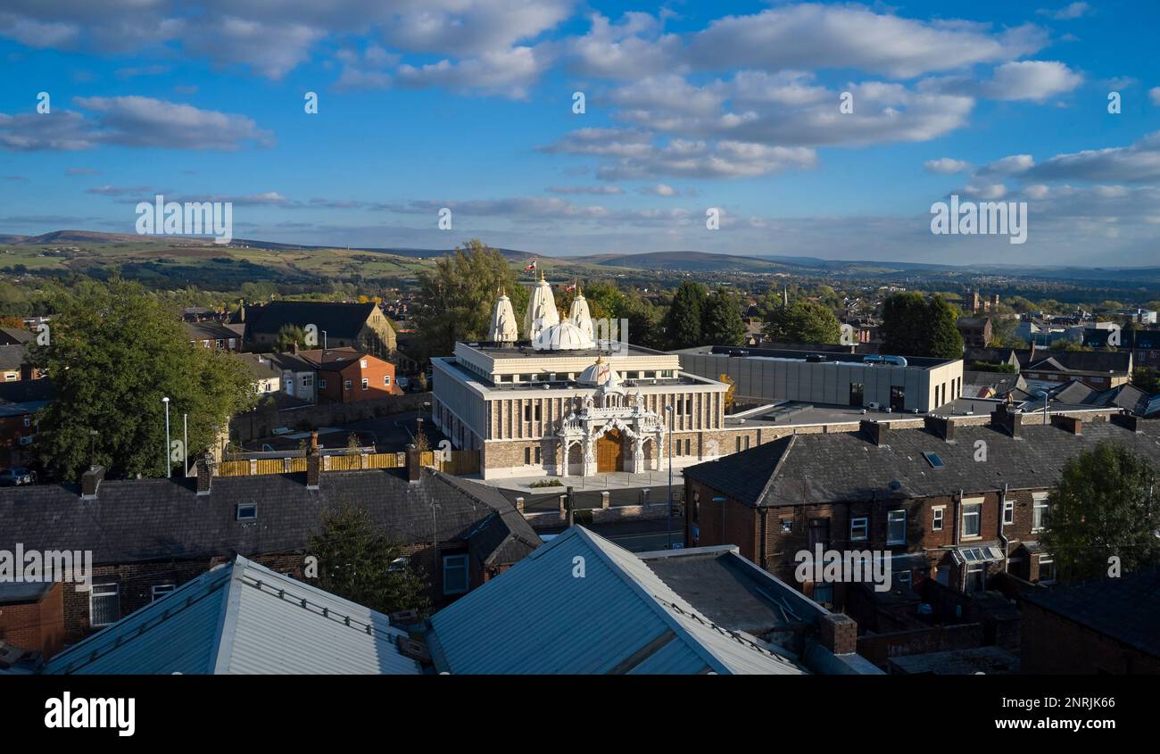 Overall aerial view. Shree Swaminarayan Mandir, Oldham, United Kingdom ...