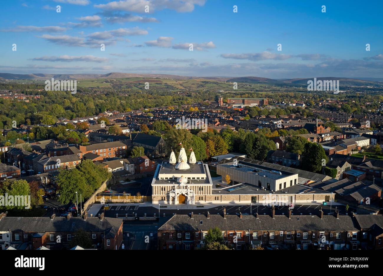 Overall aerial view. Shree Swaminarayan Mandir, Oldham, United Kingdom ...