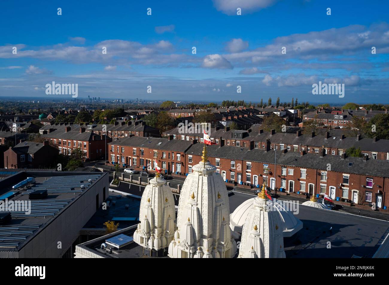 Overall aerial view. Shree Swaminarayan Mandir, Oldham, United Kingdom ...