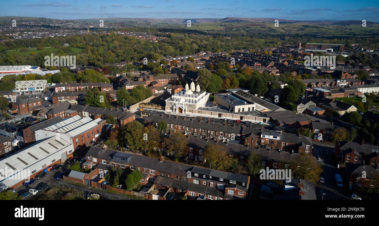 Overall aerial view. Shree Swaminarayan Mandir, Oldham, United Kingdom ...