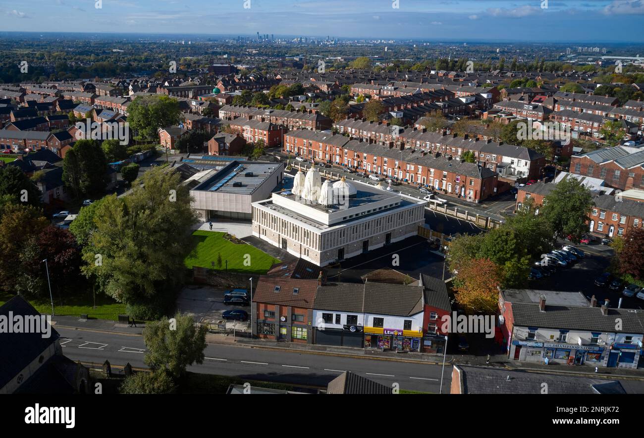 Overall aerial view. Shree Swaminarayan Mandir, Oldham, United Kingdom ...